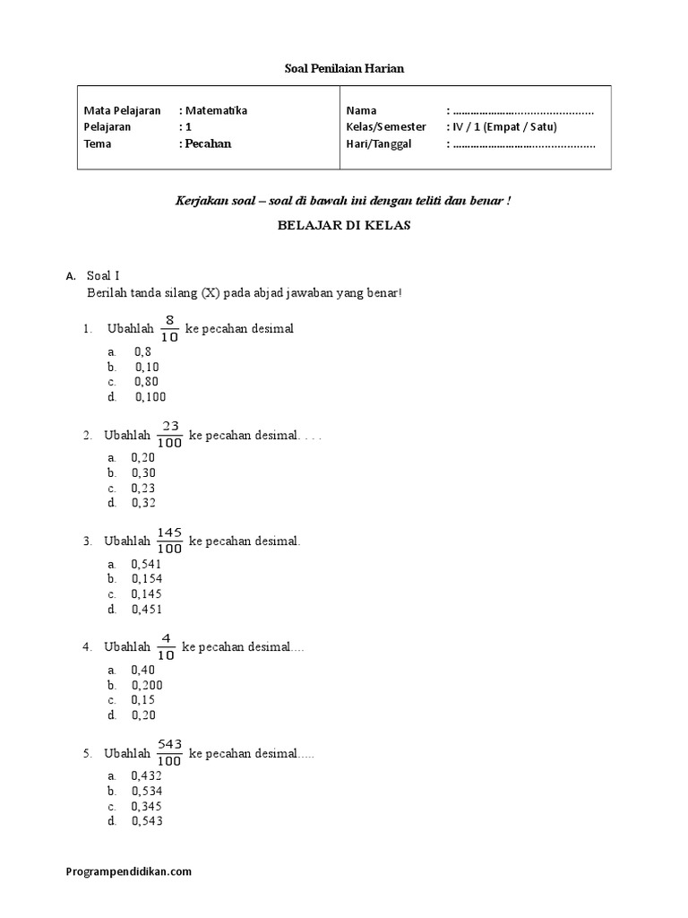 Soal PH MTK Kelas 4 Pecahan | PDF | Metode & Bahan Ajar