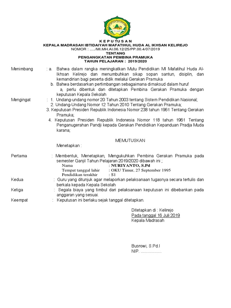 Contoh SK Pembina Pramuka | PDF