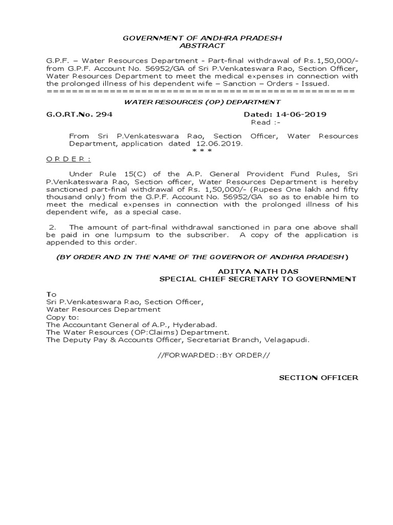 Sanction of Rs. 1,50,000 Part-Final Withdrawal from GPF for Medical Expenses of Dependent Wife's ...