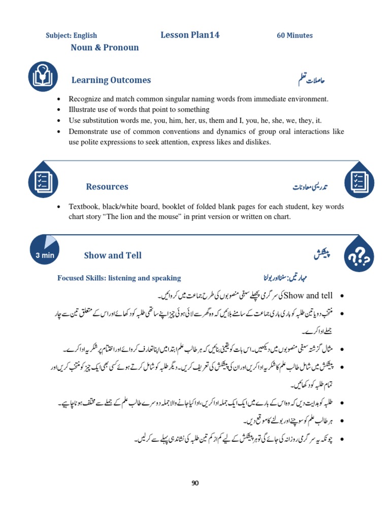 Lesson Plan 41 Noun & Pronoun Learning Outcomes: Subject: English 60 ...