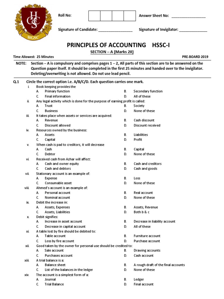 Principles of Accounting Hssc-I: SECTION - A (Marks 20) | PDF | Debits ...