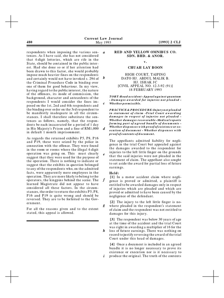 Red and Yellow Omnibus Co. Sdn. Bhd. & Anor. v. Chuah Lay Boon CLJ - 1993!2!480 | PDF | Damages ...