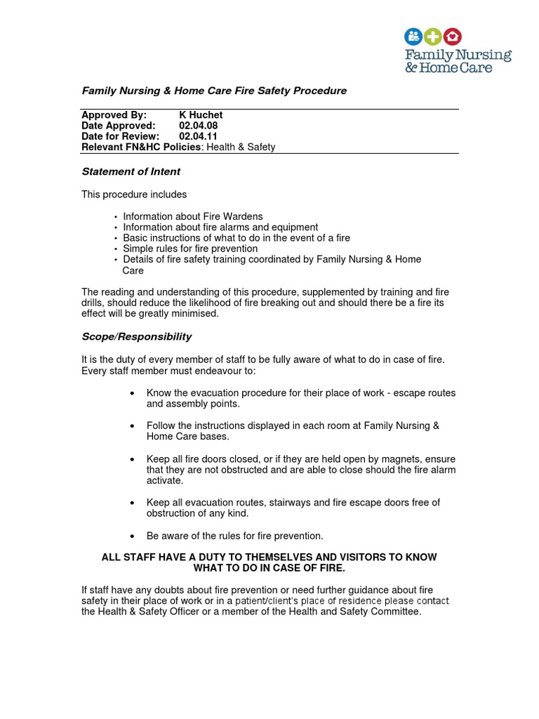 Family Nursing & Home Care Fire Safety Procedure | PDF | Fire Safety ...