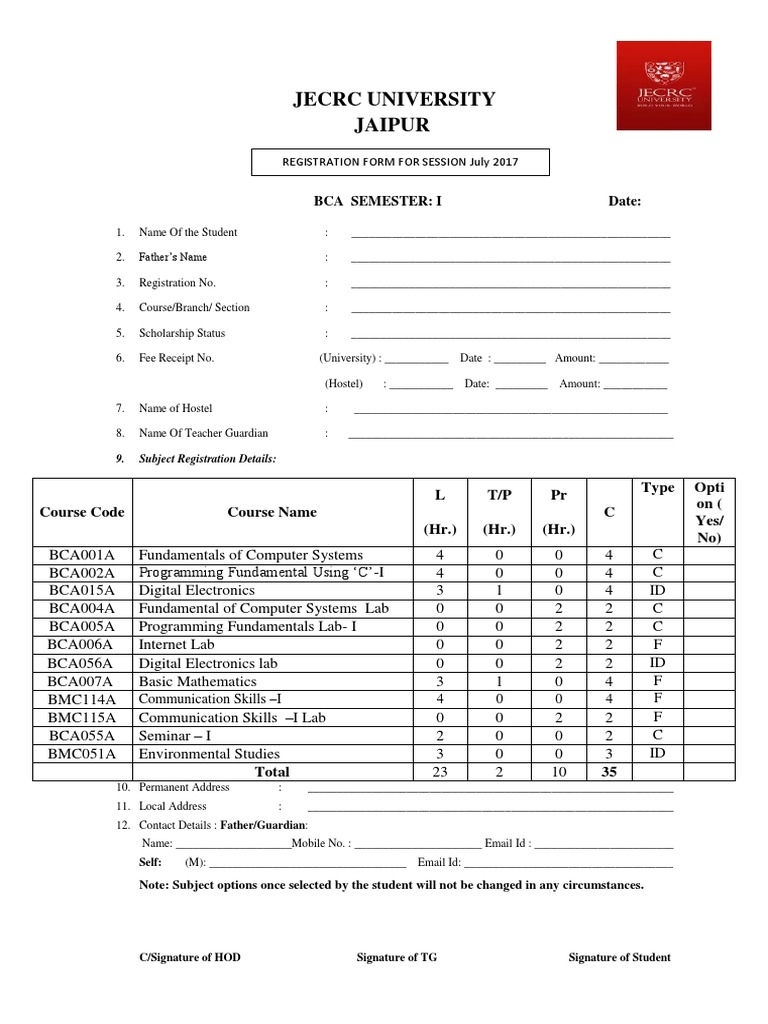 BCA I Reg Form-1 | PDF | Computing
