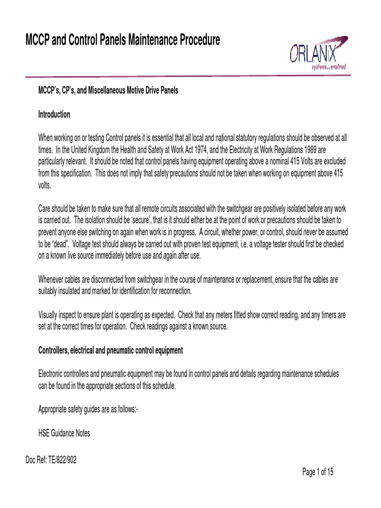 MCCP Control Panels Maintenance Guide | PDF | Relay | Switch