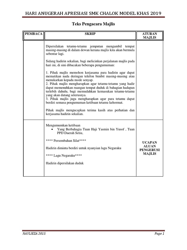 Teks Pengacara Majlis Hari Anugerah Cemerlang | PDF