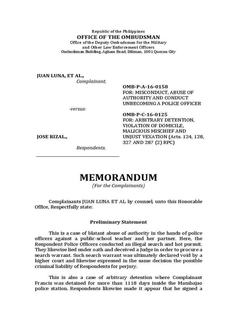 Position Paper:Memorandum - Sample - Academic Puporse | PDF | Arrest ...