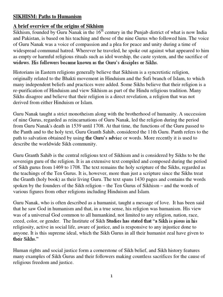 SIKHISM: Paths To Humanism A Brief Overview of The Origins of Sikhism ...