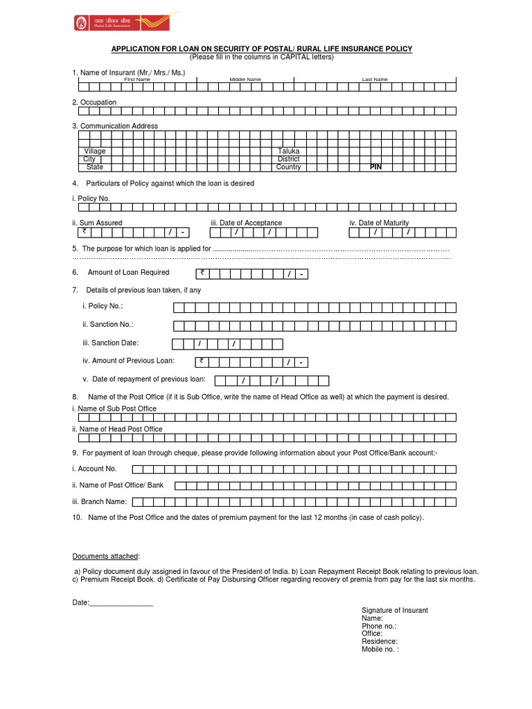 Application For Loan On Security of Postal/ Rural Life Insurance Policy ...