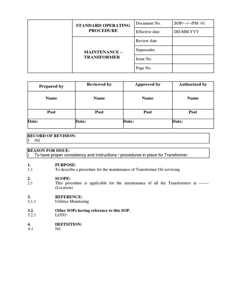 Standard Operating Procedure: Record of Revision | PDF | Transformer ...