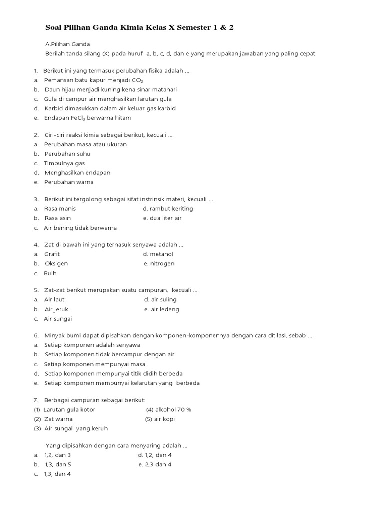 Soal Pilihan Ganda Kimia Kelas X Semester 1 | PDF