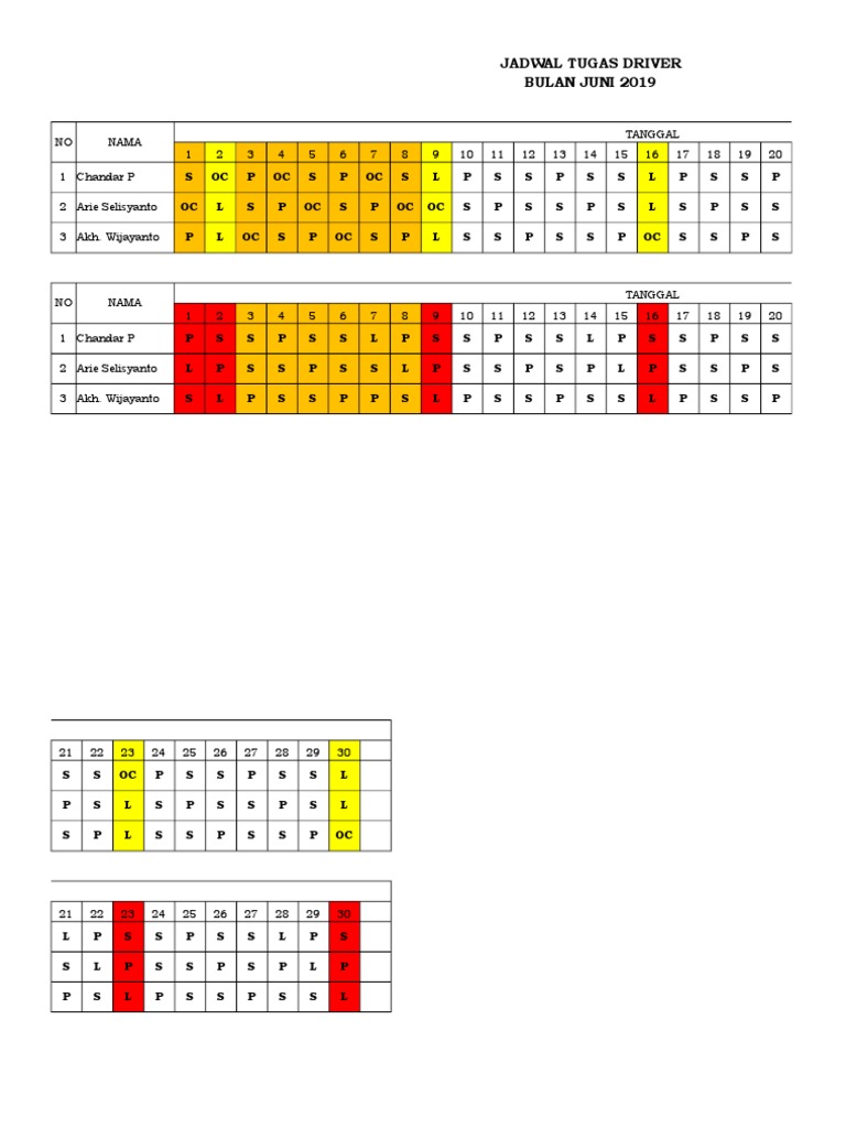 Jadwal Tugas Driver Bulan Juni 2019 | PDF