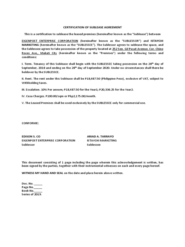 Sublease Agreement Certification Sample | PDF