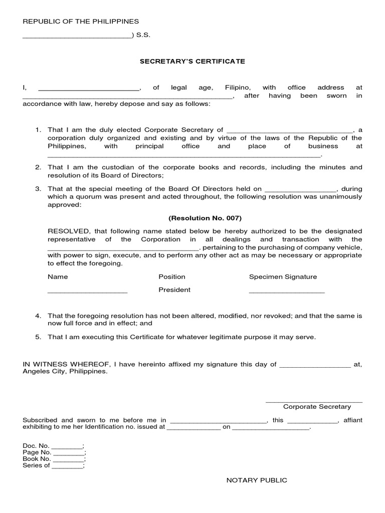 Secretary Certificate With Board Reso | PDF | Civil Law (Common Law ...