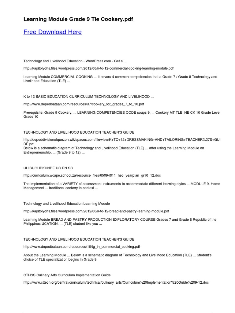 Free Download Here: Learning Module Grade 9 Tle Cookery PDF | Download ...