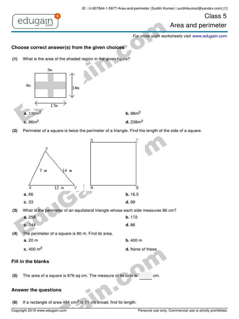 Class 5 Area and Perimeter: Choose Correct Answer(s) From The Given ...
