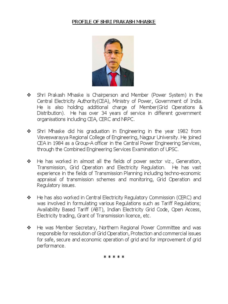 Prakash Mhaske: CEA Chairperson Profile | PDF | Technology & Engineering