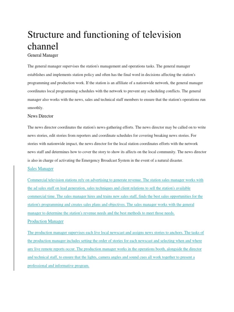 Structure and Functioning of Television Channel | PDF | News ...