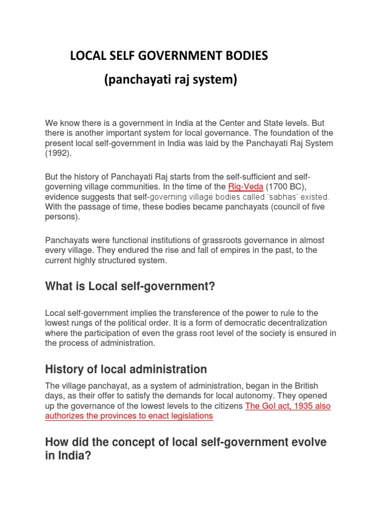Local Self Government Bodies (Panchayati Raj System) | PDF | Politics ...