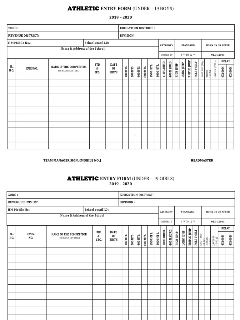 Athletic: Entry Form (Under - 19 Boys) | PDF | Athletic Sports | Hobbies
