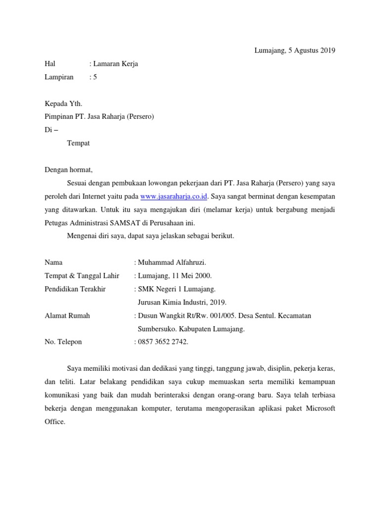 Surat Lamaran Kerja (Mbak Vina) | PDF