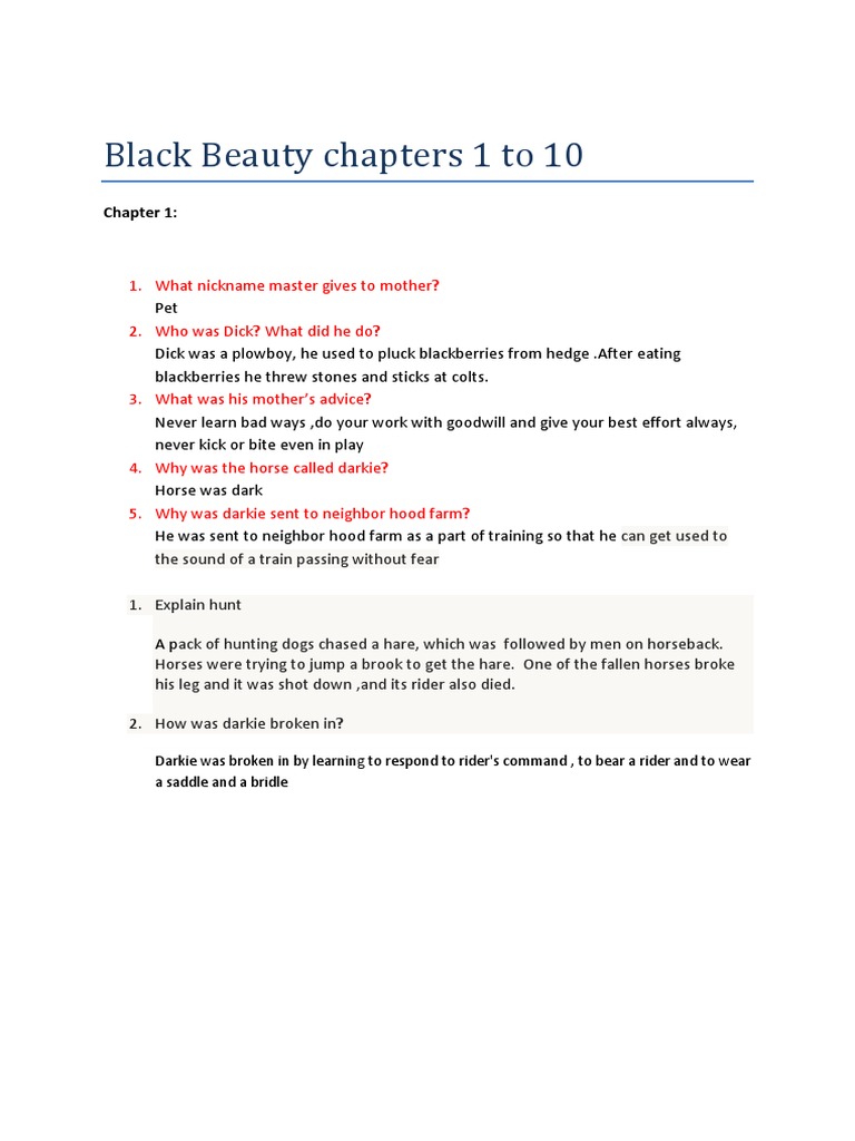 Black Beauty Chapters 1 To 10: 1. What Nickname Master Gives To Mother ...