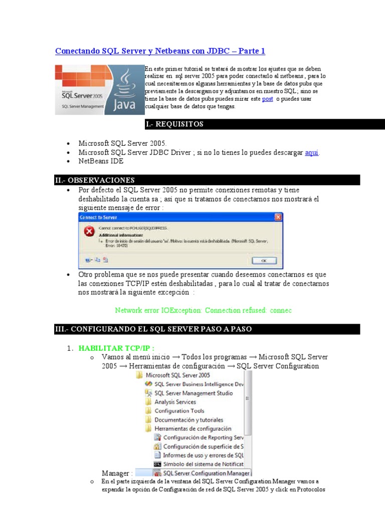 Conectando Sql Server Y Netbeans Con Jdbc Pdf Servidor Sql De Microsoft Protocolos De Internet