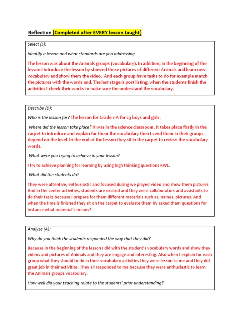 Reflection (Completed After EVERY Lesson Taught) | PDF ...