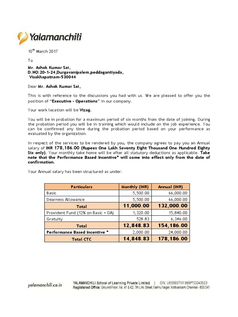 Yalamanchili Offer Letter - Ashok Kumar Sai - Vizag - 10 Mar 2017 ...