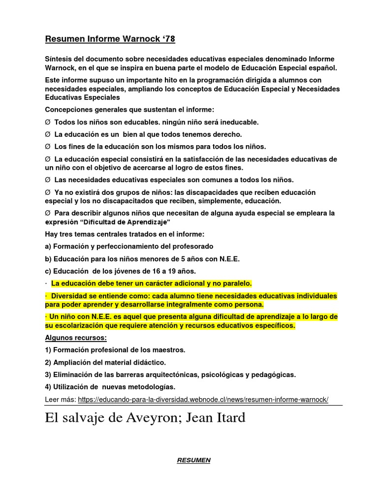 Resumen Informe Warnock | PDF | Educación especial | Modificación de ...