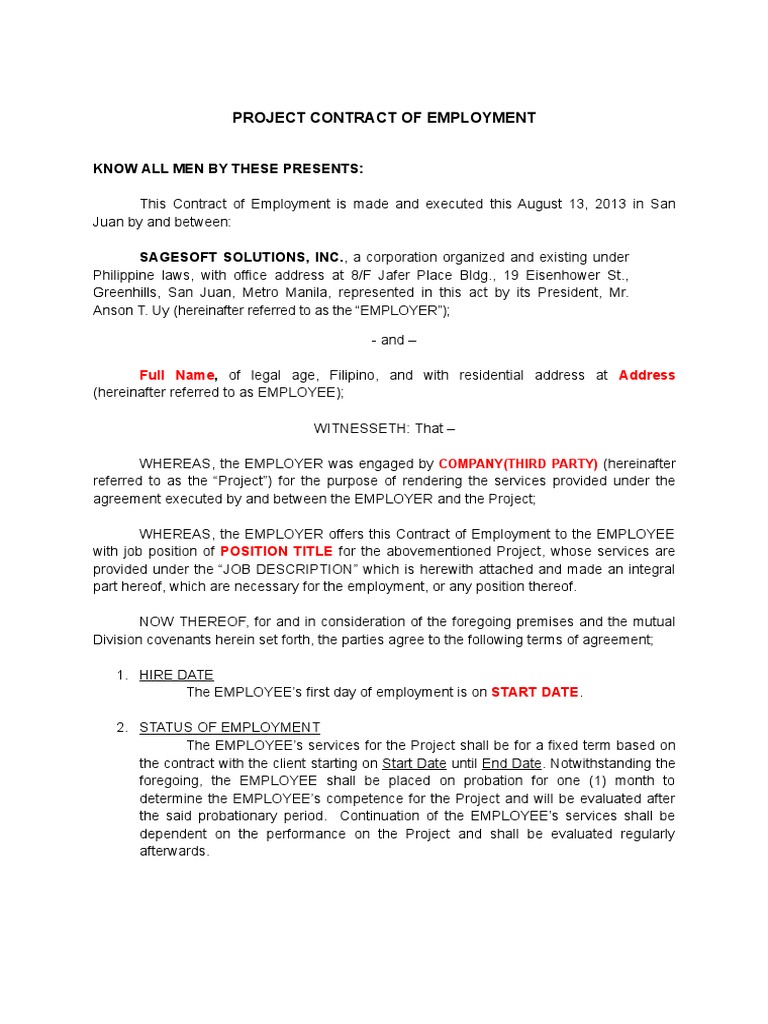 Project-Based Contract of Employment - Template | PDF | Employment | Salary
