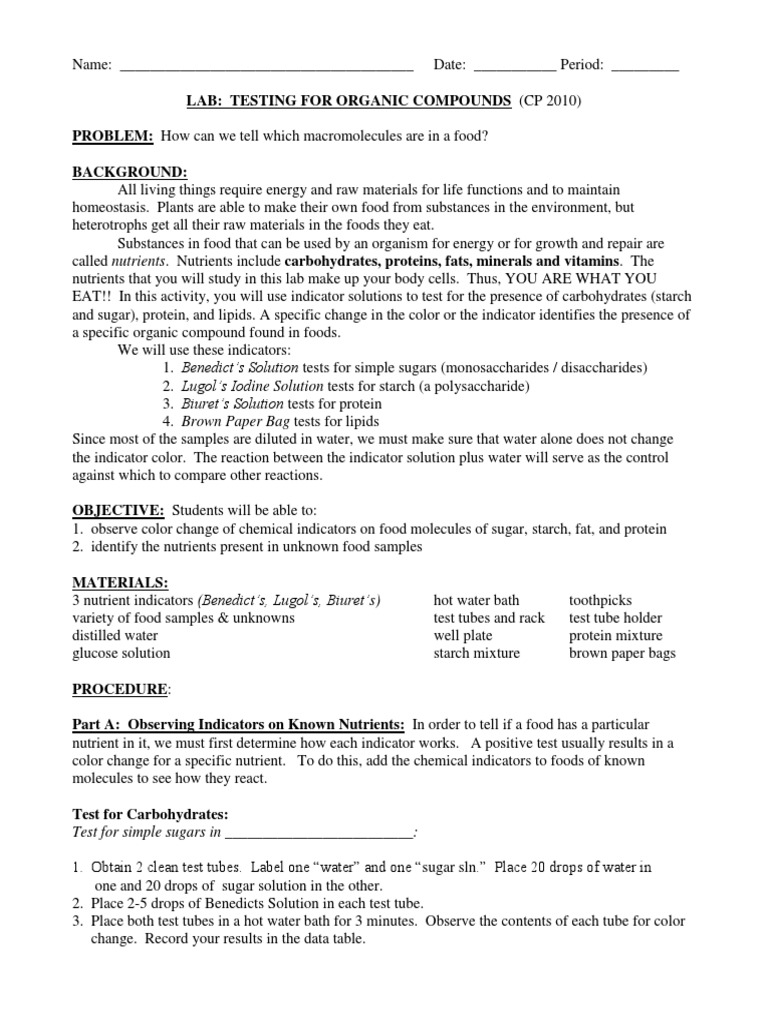 Lab - Nutrient Testing 10 | PDF | Carbohydrates | Nutrients
