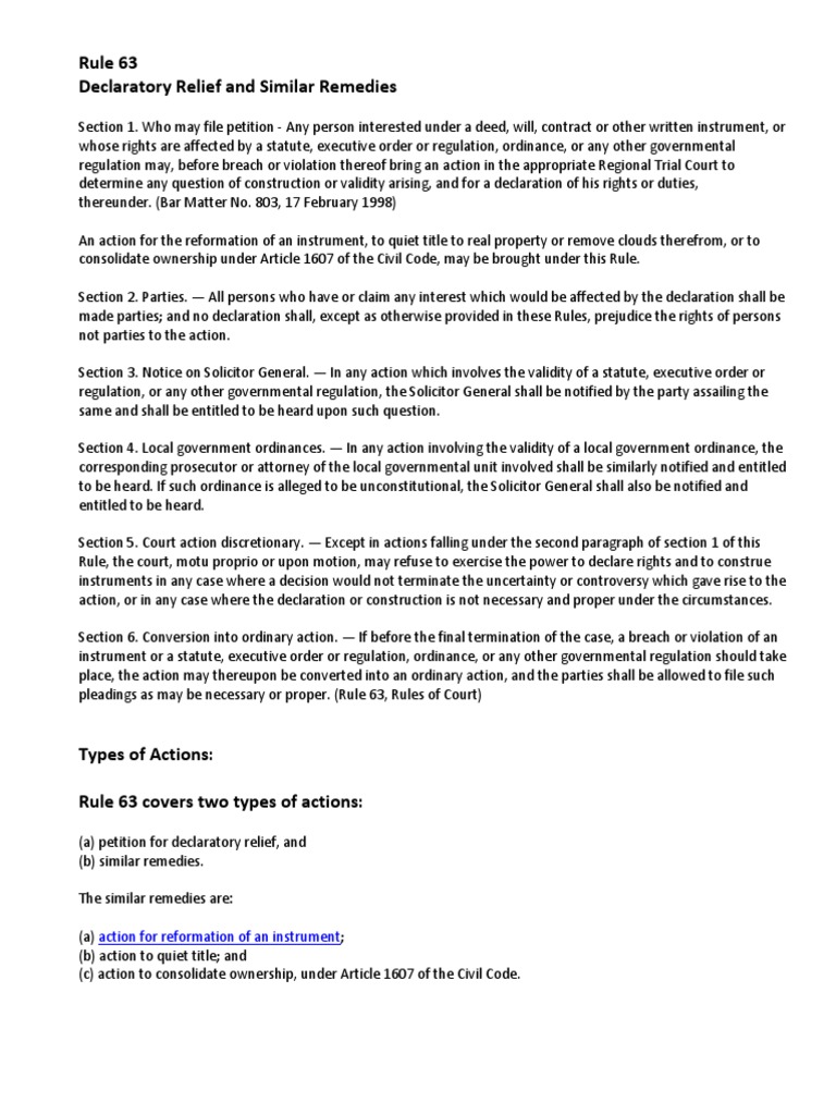 Rule 63 Declaratory Relief and Similar Remedies: Action For Reformation ...