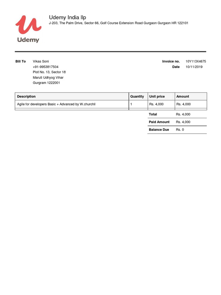 Udemy India llp: Bill To Invoice no. Date