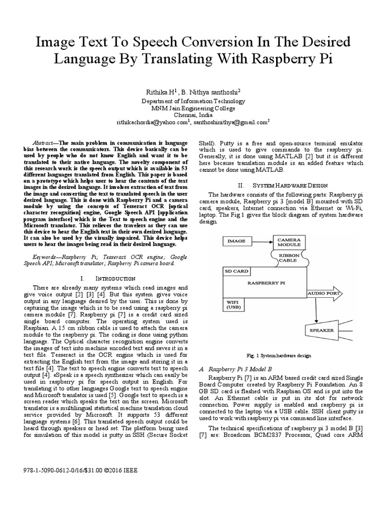 Image Text To Speech Conversion PDF | PDF | Raspberry Pi | Optical Character Recognition