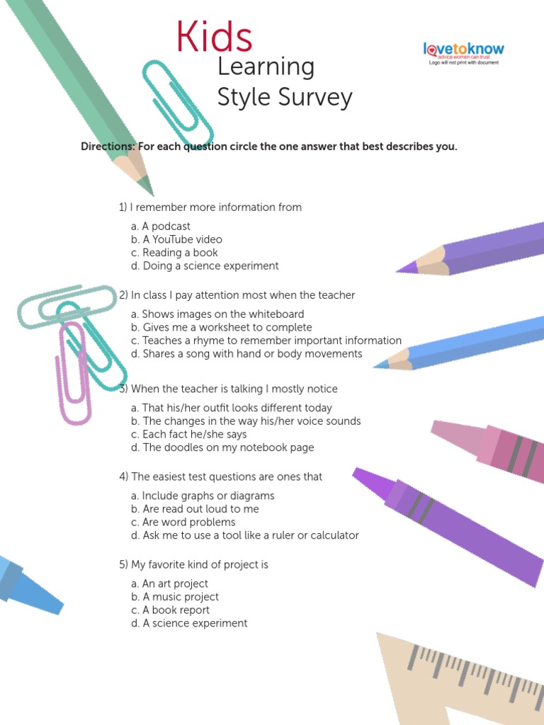 3923 Kids Learning Style Survey | PDF | Behavior Modification ...