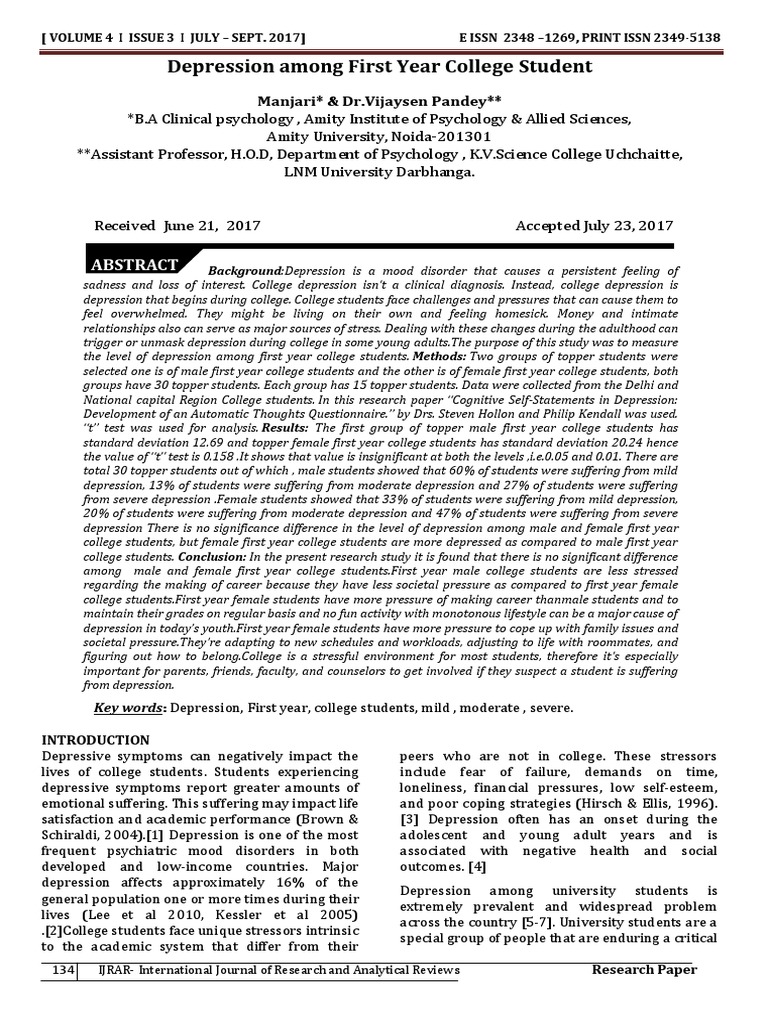 Depression Among First Year College Stud | PDF | Depression (Mood ...
