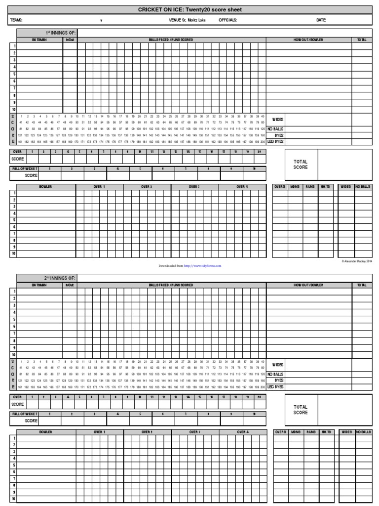 1 Innings Of:: CRICKET ON ICE: Twenty20 Score Sheet | Download Free PDF ...