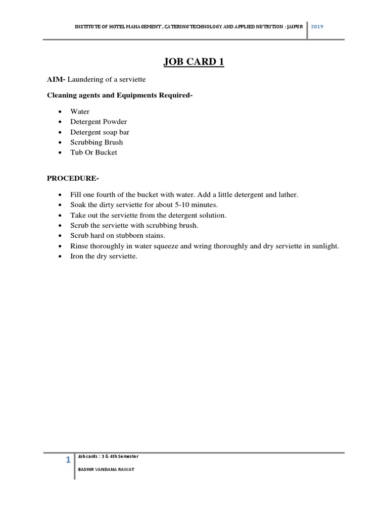 Housekeeping Job Cards for Serviettes | PDF | Laundry | Cleaning