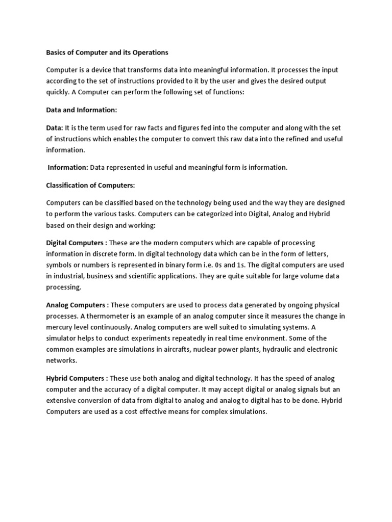 Basics of Computer and Its Operations | PDF | Personal Computers ...