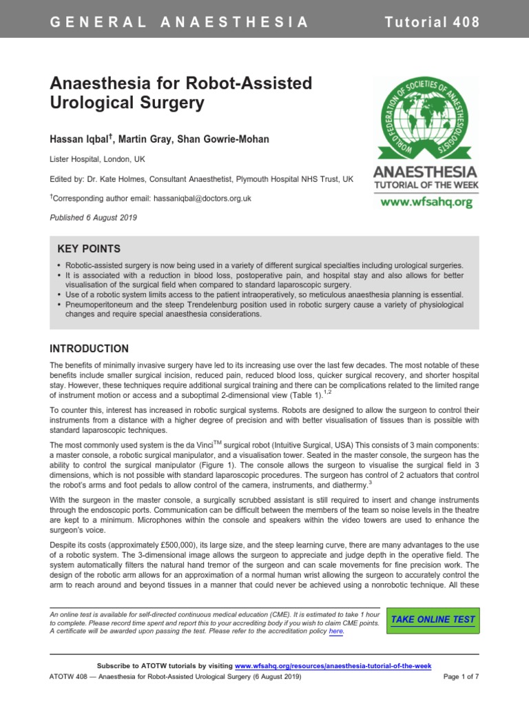 Anaesthesia For Robot-Assisted Urological Surgery | PDF | Surgery ...