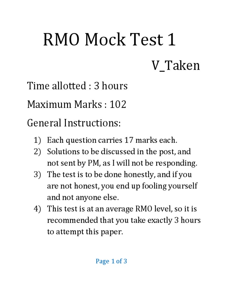 RMO Mock Test 1: Practice Questions | PDF