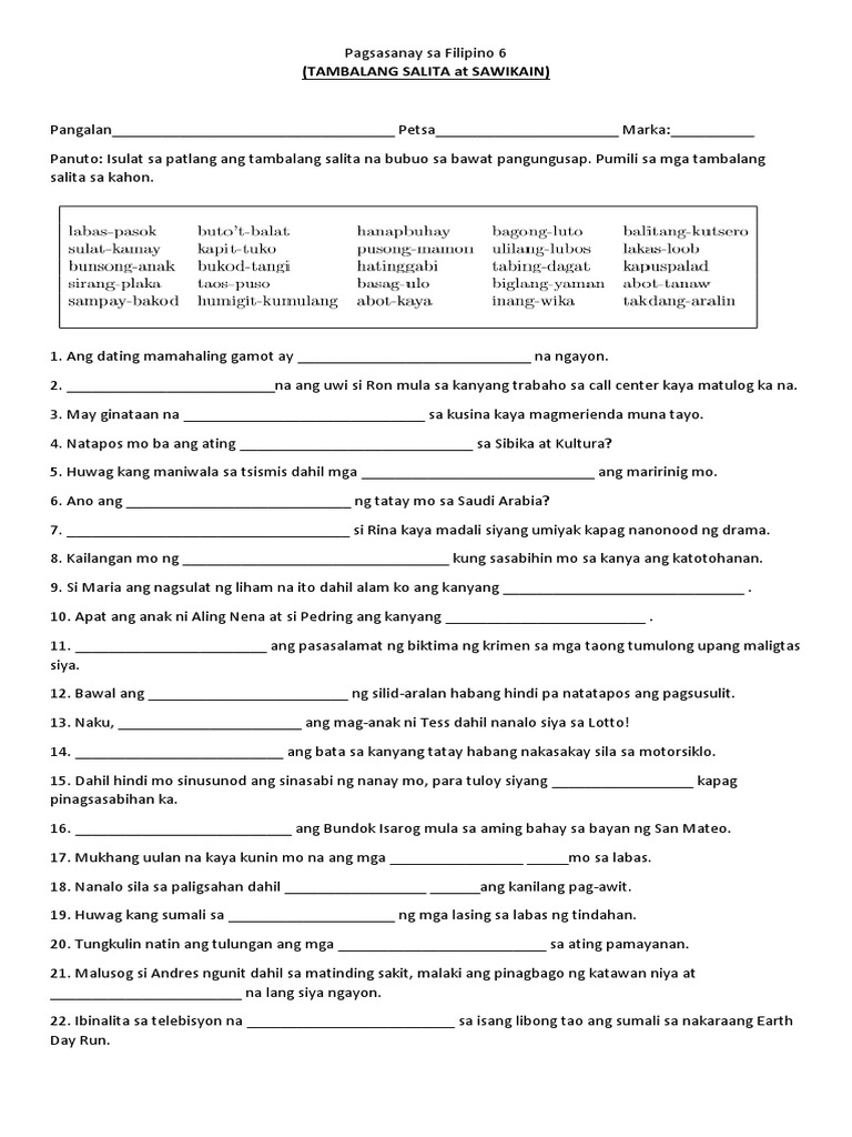 ACTIVITY Tambalang Salita