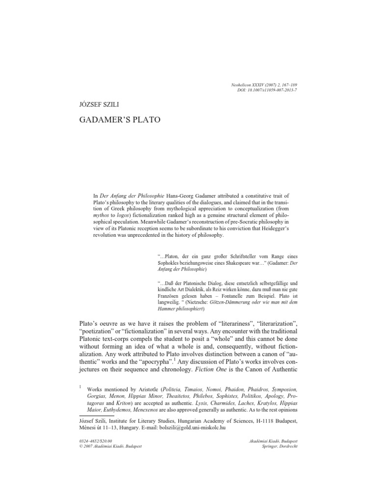 Gadamer'S Plato: Neohelicon XXXIV (2007) 2, 167-189 DOI: 10.1007/s11059 ...