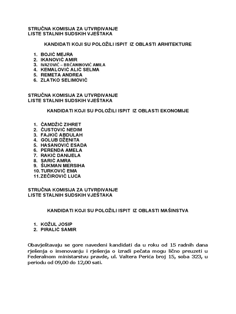 Obavijest Za Vjestake Iz Arhitekture, Ekonomije I Masinstva | PDF