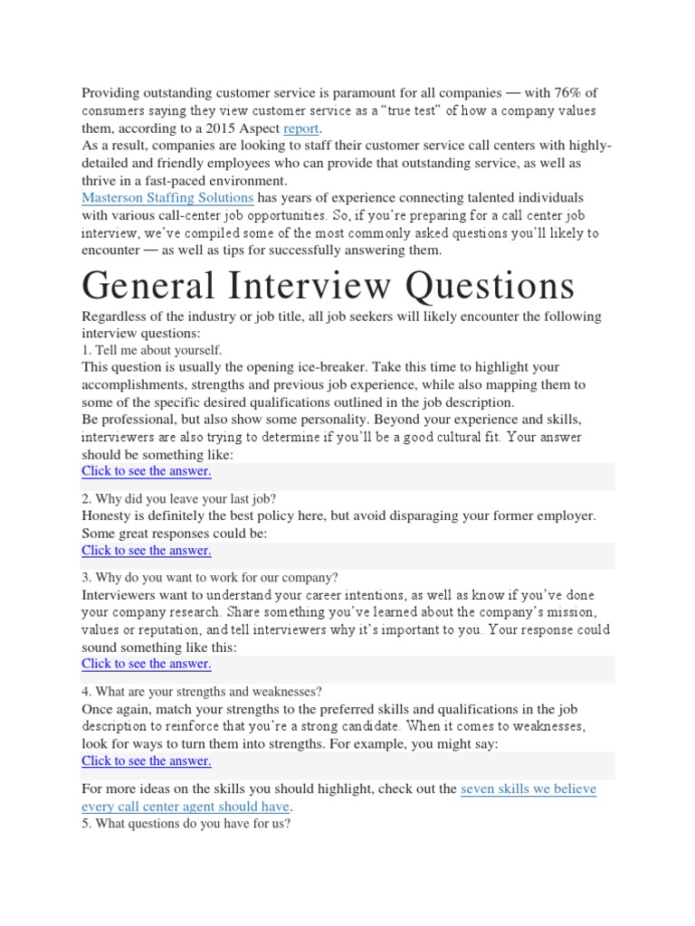 General Interview Questions: 1. Tell Me About Yourself | PDF | Call ...