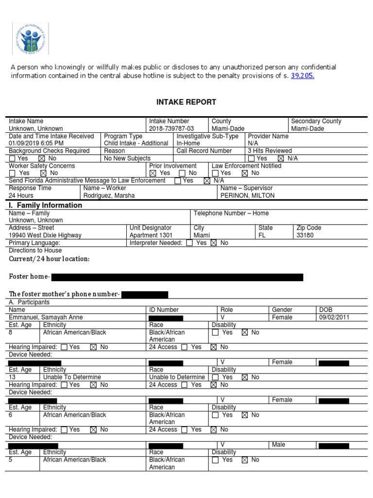 Intake Report: Current/24 Hour Location: Foster Home-The Foster Mother ...