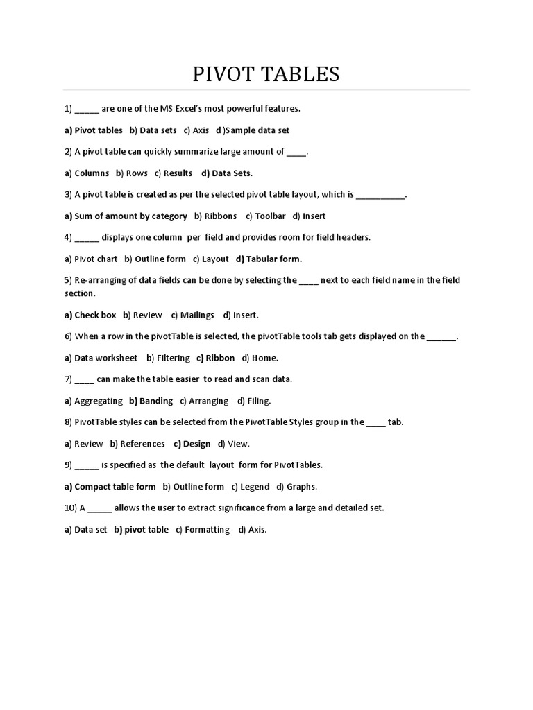 Pivot Tables: A) Pivot Tables B) Data Sets C) Axis D) Sample Data Set | PDF