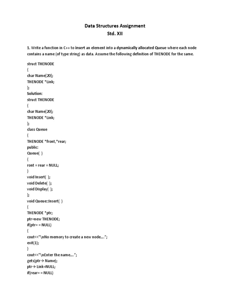 Data Structures Assignment Std. XII | Download Free PDF | Queue ...