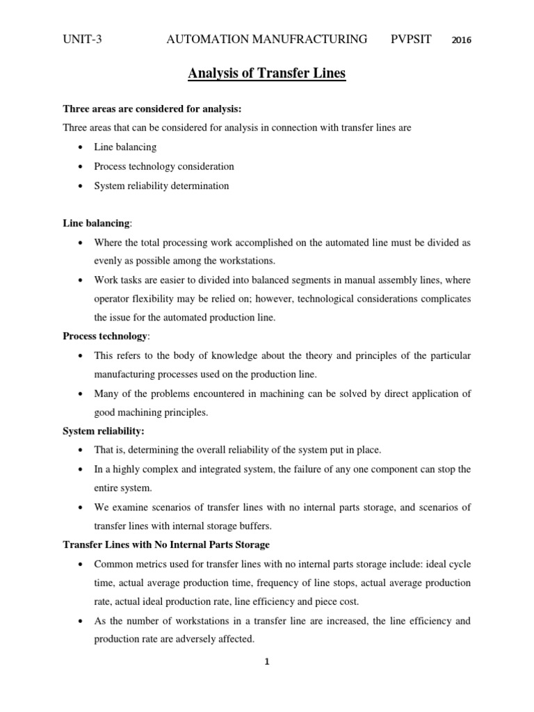 Analysis of Transfer Lines: UNIT-3 Automation Manufracturing Pvpsit ...